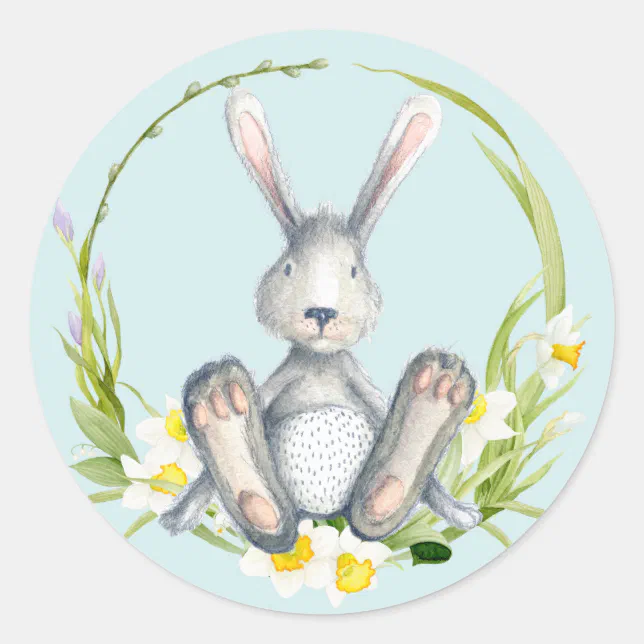 Cute Bunny in Spring Floral Wreath Blue Classic Round Sticker | Zazzle