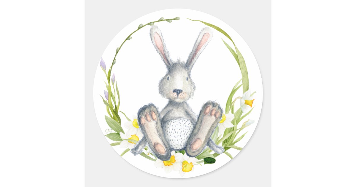 Cute Bunny in Spring Floral Wreath Classic Round Sticker | Zazzle
