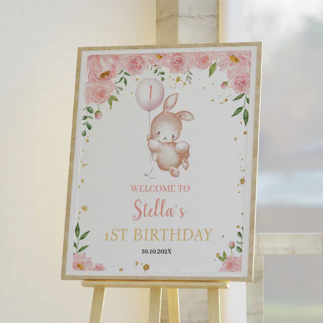 Cute Bunny Pink Floral Birthday Party Welcome Sign | Zazzle