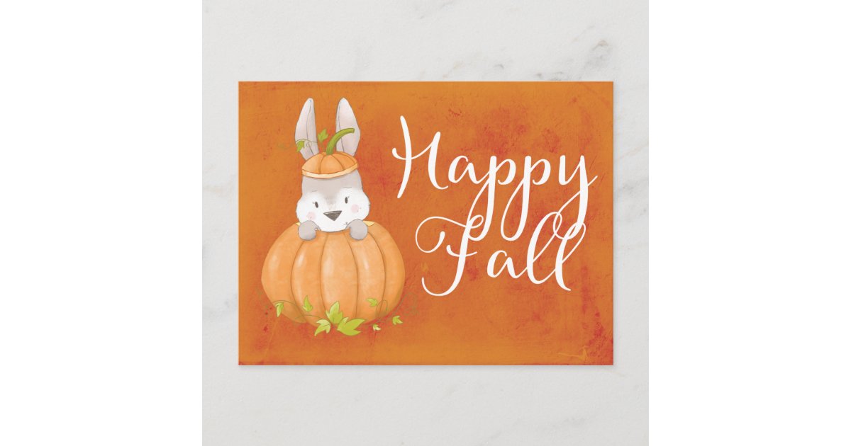Cute Bunny Pumpkin Happy Fall Greeting Postcard | Zazzle