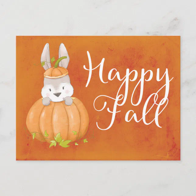 Cute Bunny Pumpkin Happy Fall Greeting Postcard | Zazzle