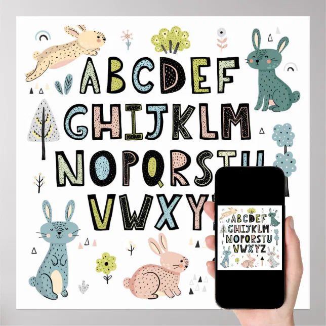 Cute Bunny Rabbit ABC Alphabet Letters Educational Poster | Zazzle