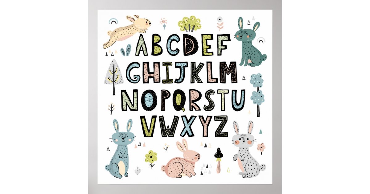 Cute Bunny Rabbit ABC Alphabet Letters Educational Poster | Zazzle