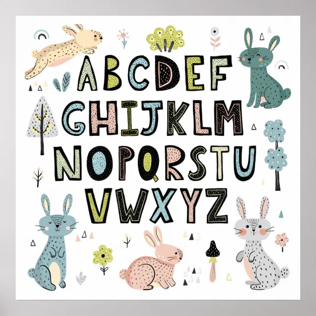Cute Bunny Rabbit ABC Alphabet Letters Educational Poster | Zazzle