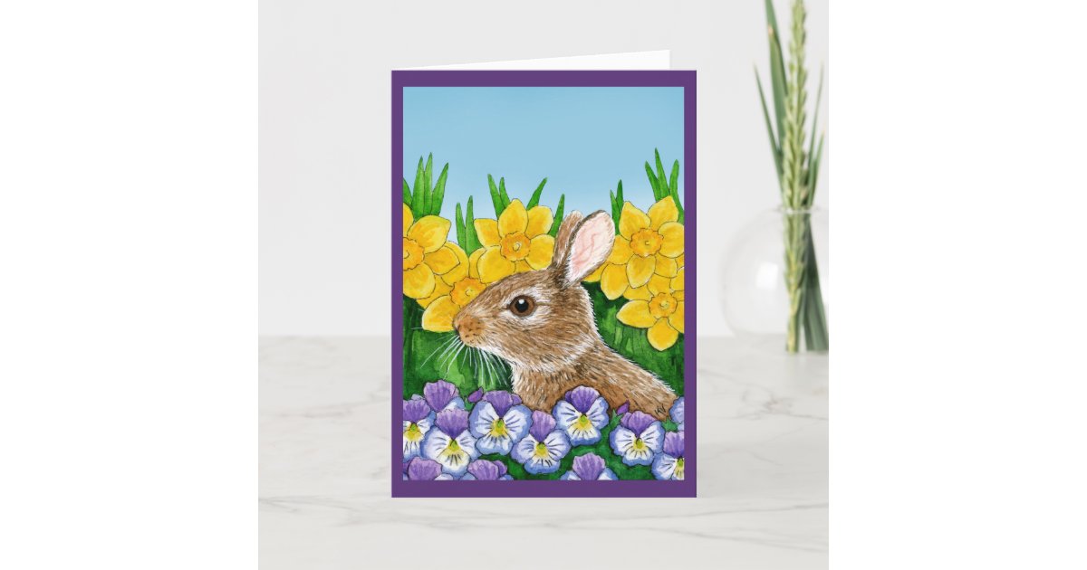 Cute Bunny Rabbit Flowers Easter Spring card | Zazzle