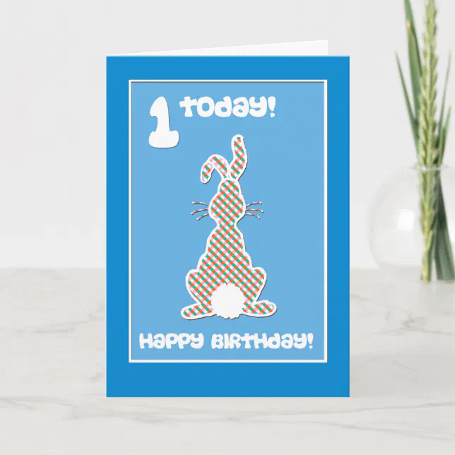 Cute Bunny Rabbit on Blue 1st Birthday Greeting Card | Zazzle