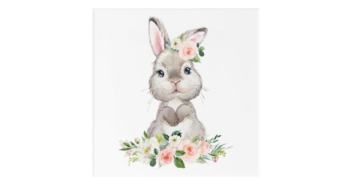 Cute Bunny, Rabbit, Pink Flowers, Girl Nursery Acrylic Print | Zazzle