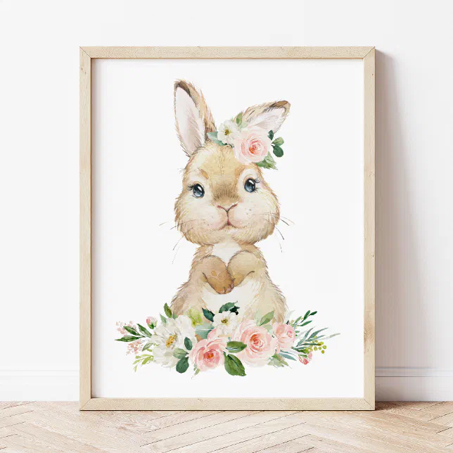 Cute Bunny, Rabbit, Pink Flowers, Girl Nursery Photo Print | Zazzle