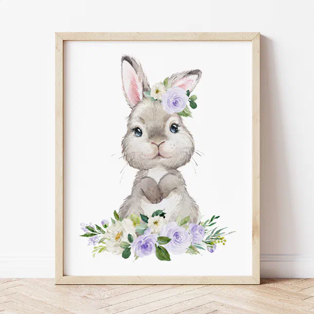 Cute Bunny, Rabbit, Purple Flowers, Gender Neutral Poster | Zazzle