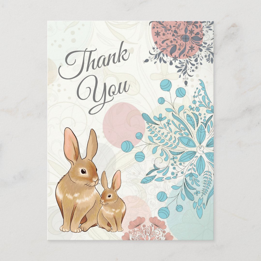 Cute Bunny Rabbits with Flowers Spring Thank You Postcard | Zazzle