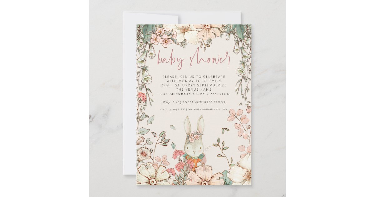 Cute Bunny Script Girl Baby Shower Invitation | Zazzle