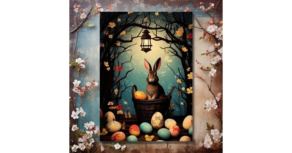 Cute Bunny with Easter Eggs and Spring Flowers Holiday Card | Zazzle