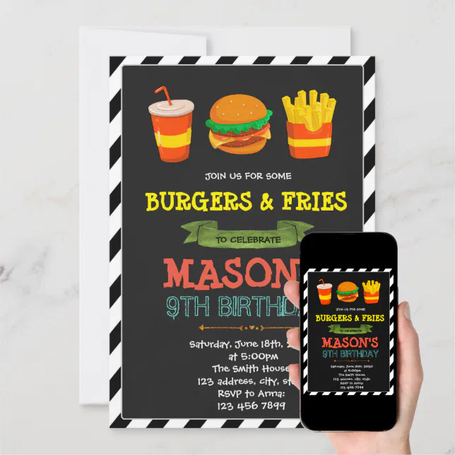 Cute burger and fries theme invitation | Zazzle