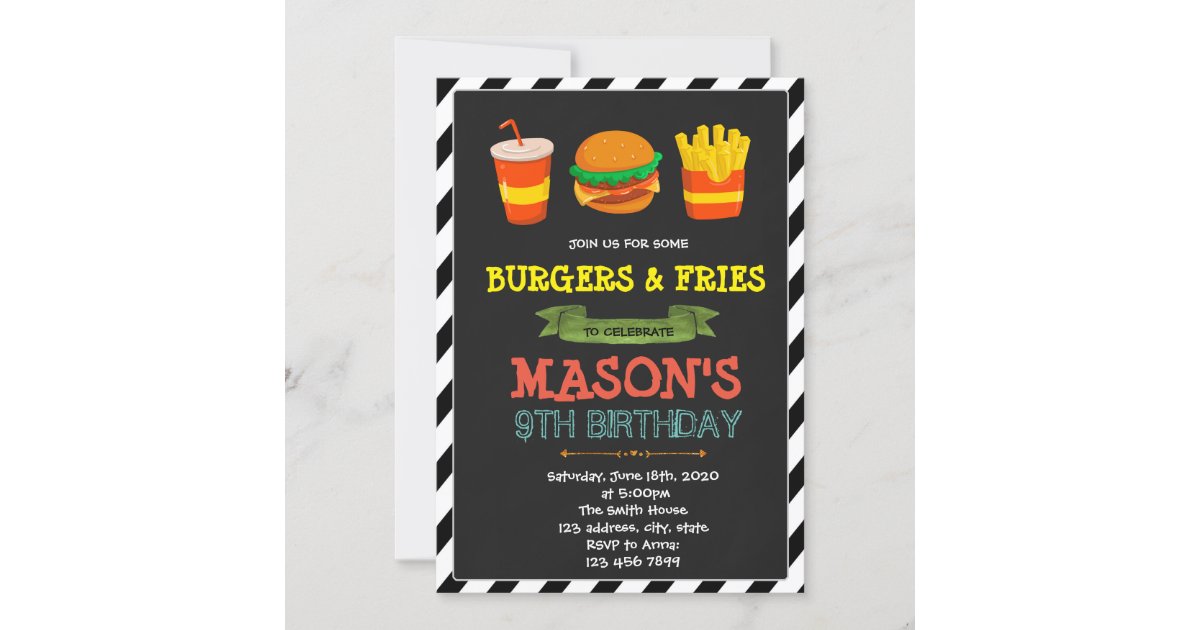 Cute burger and fries theme invitation | Zazzle