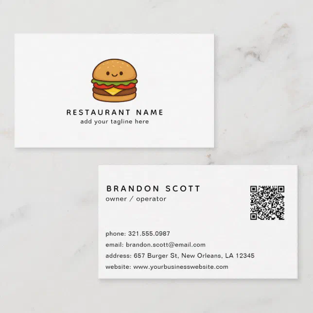 Cute Burger QR Code Restaurant Business Card | Zazzle