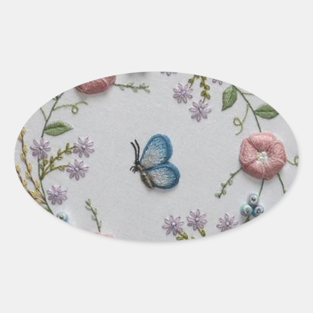 cute butterfly mint green pink Embroidery Floral Oval Sticker | Zazzle