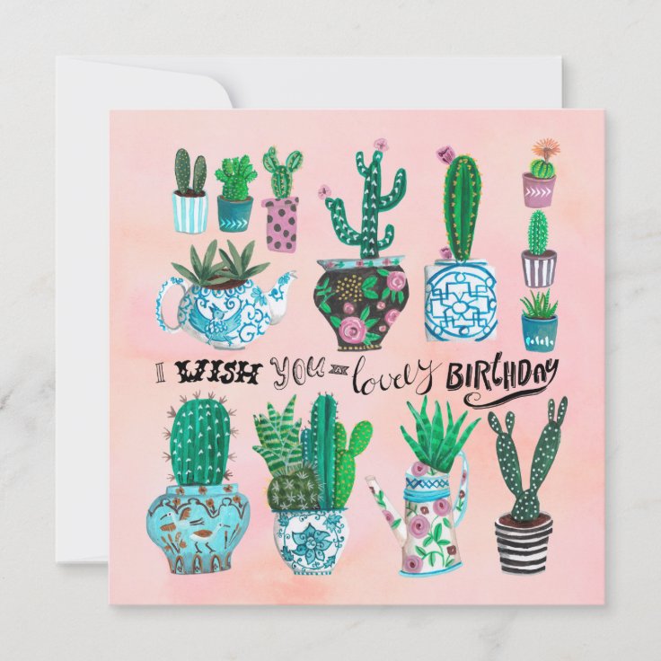 Cute cactus pink & green plant lover birthday card | Zazzle