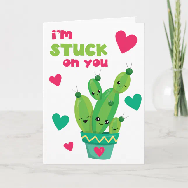 Cute Cactus Stuck on You Kids Valentine Card | Zazzle