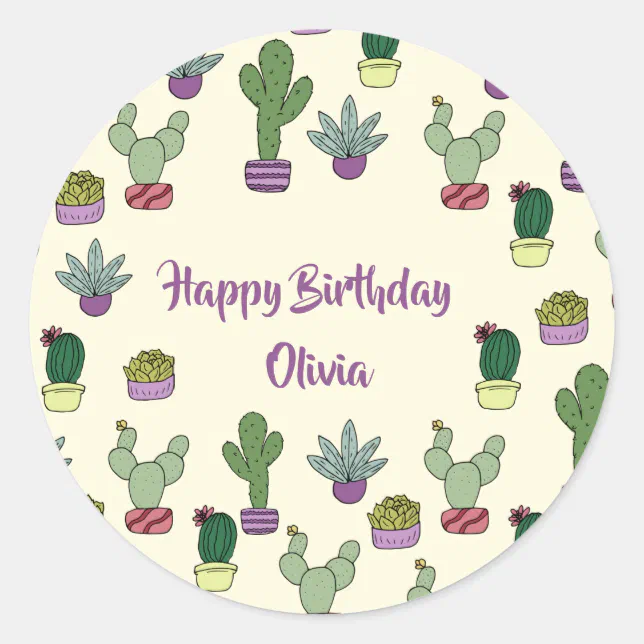 Cute Cactus Succulent Potted Plants Happy Birthday Classic Round ...