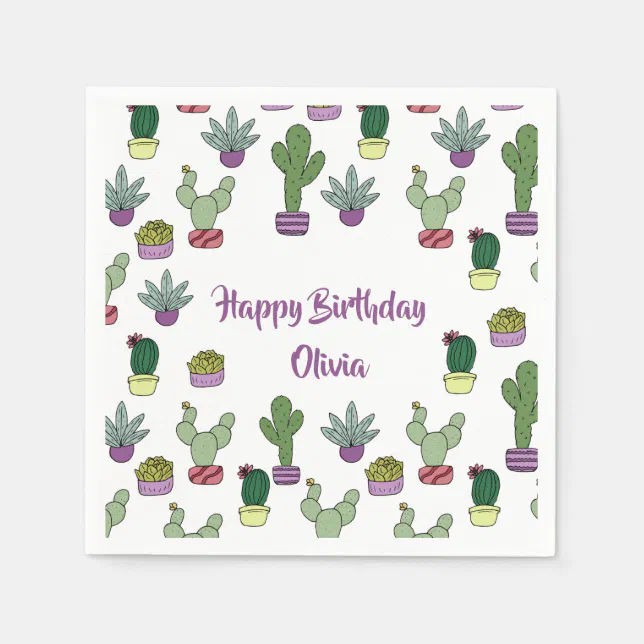 Cute Cactus Succulent Potted Plants Happy Birthday Napkins | Zazzle