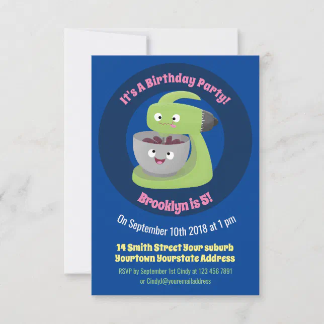 Cute cake mixer kitchen appliance cartoon invitation | Zazzle