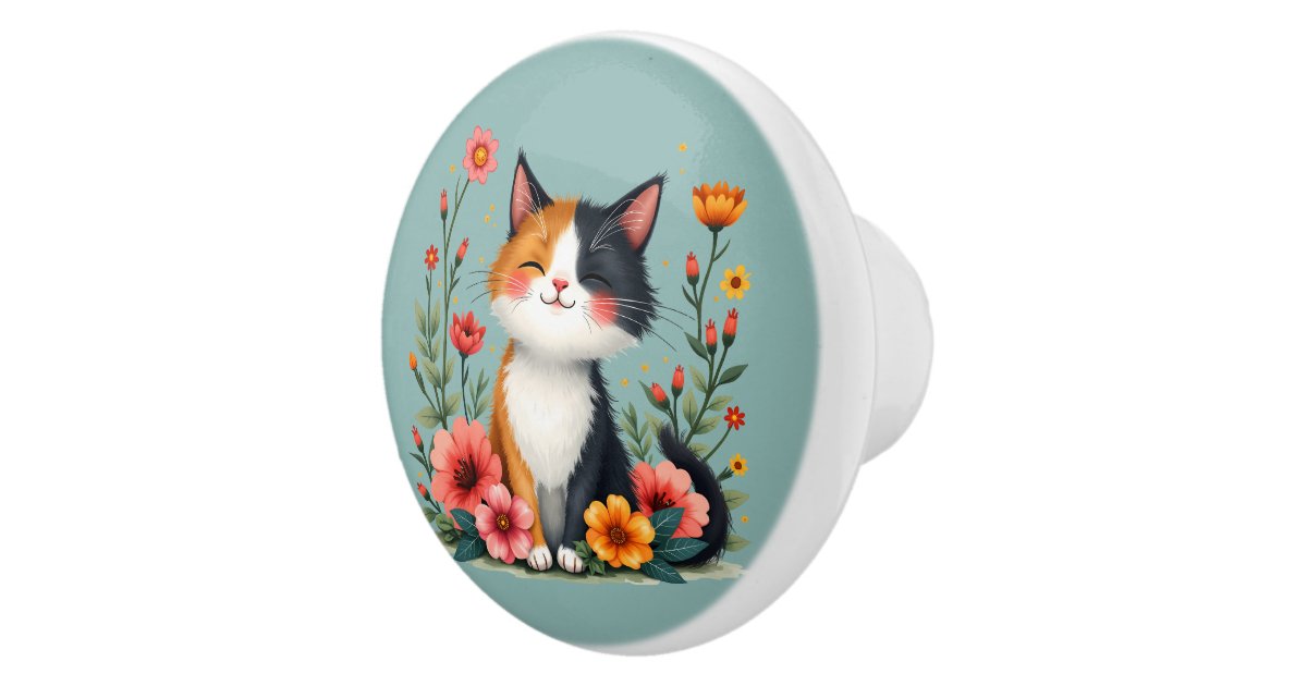 Cute Calico Cat with Floral Cottagecore Aesthetic Ceramic Knob | Zazzle