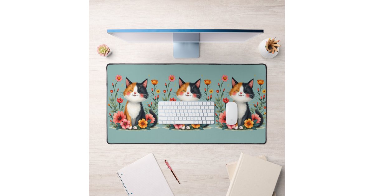 Cute Calico Cat with Floral Cottagecore Aesthetic Desk Mat | Zazzle