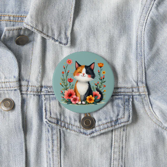 Cute Calico Cat with Floral Cottagecore Button | Zazzle