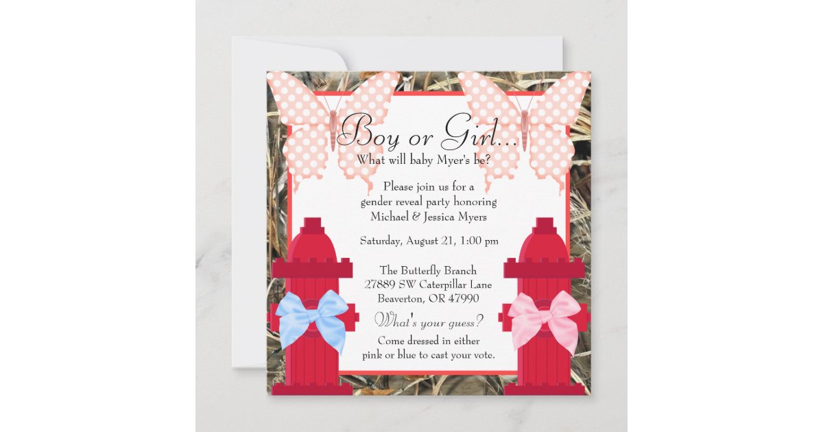 Cute Camo Fire Hydrant Gender Reveal Invitation | Zazzle