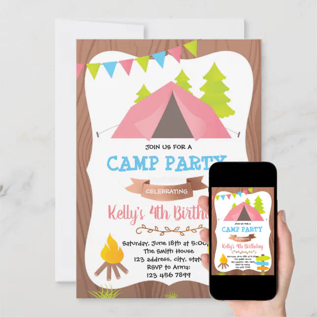 Cute camp birthday party invitation | Zazzle