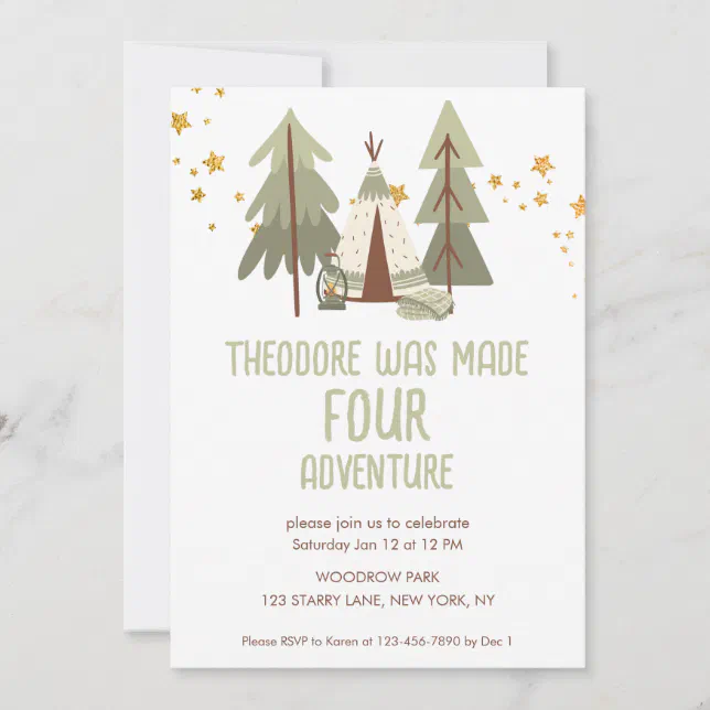 Cute Camping Adventure Fourth Birthday Invitation | Zazzle