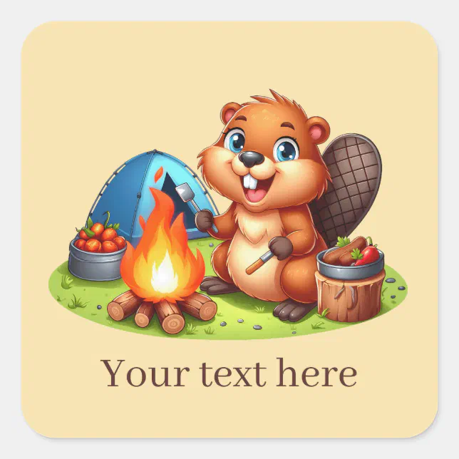 Cute Camping beaver add text Square Sticker | Zazzle