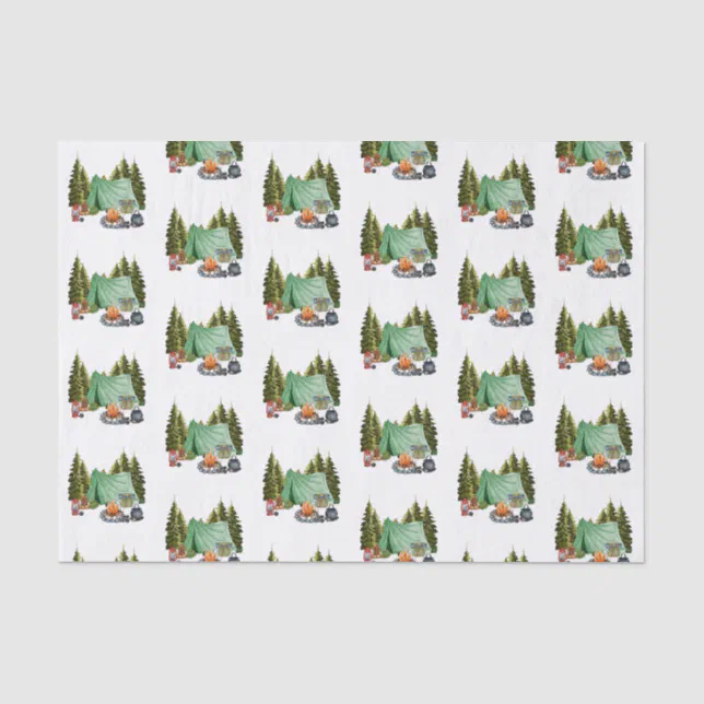 Cute Camping Theme Campfire, Tent, Forest Tiled Tissue Paper | Zazzle