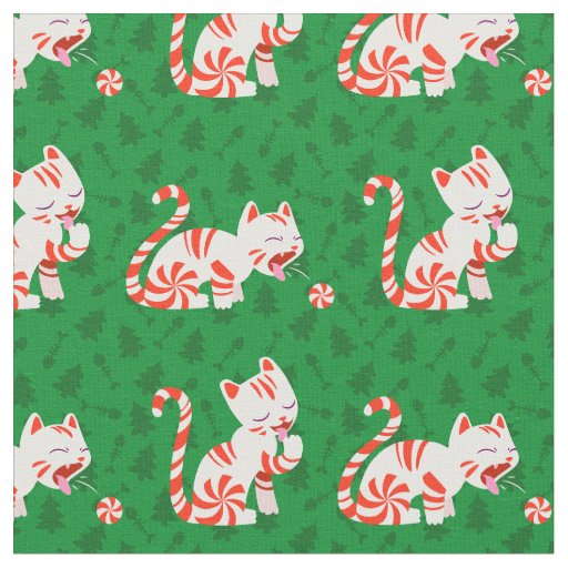 Cute Candy Cane Cat Fabric | Zazzle