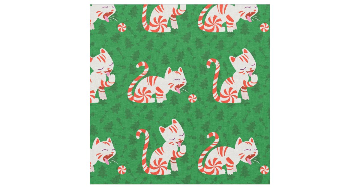 Cute Candy Cane Cat Fabric | Zazzle