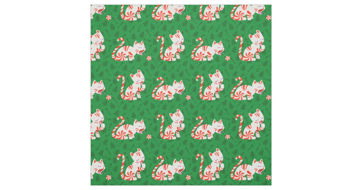 Cute Candy Cane Cat Fabric | Zazzle