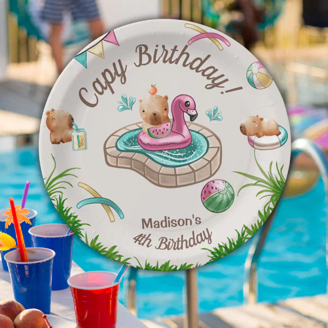 Cute Capybara Pool Party Paper Plates | Zazzle