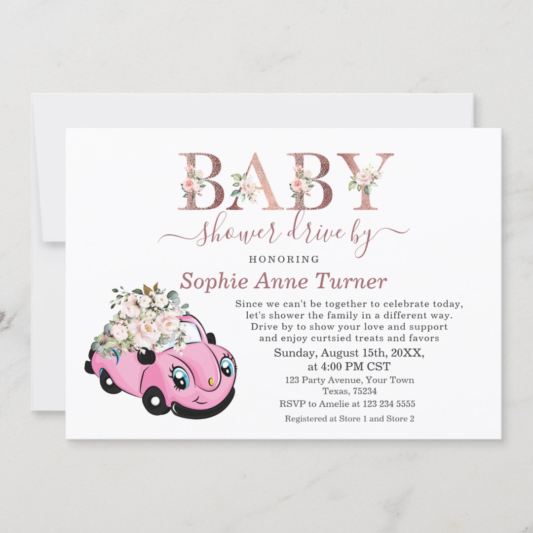 Cute Car Pink Floral Girl Baby Shower Drive By Invitation | Zazzle