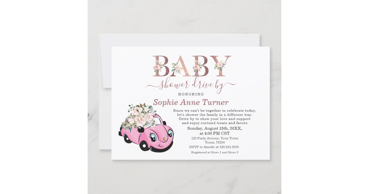 Cute Car Pink Floral Girl Baby Shower Drive By Invitation | Zazzle