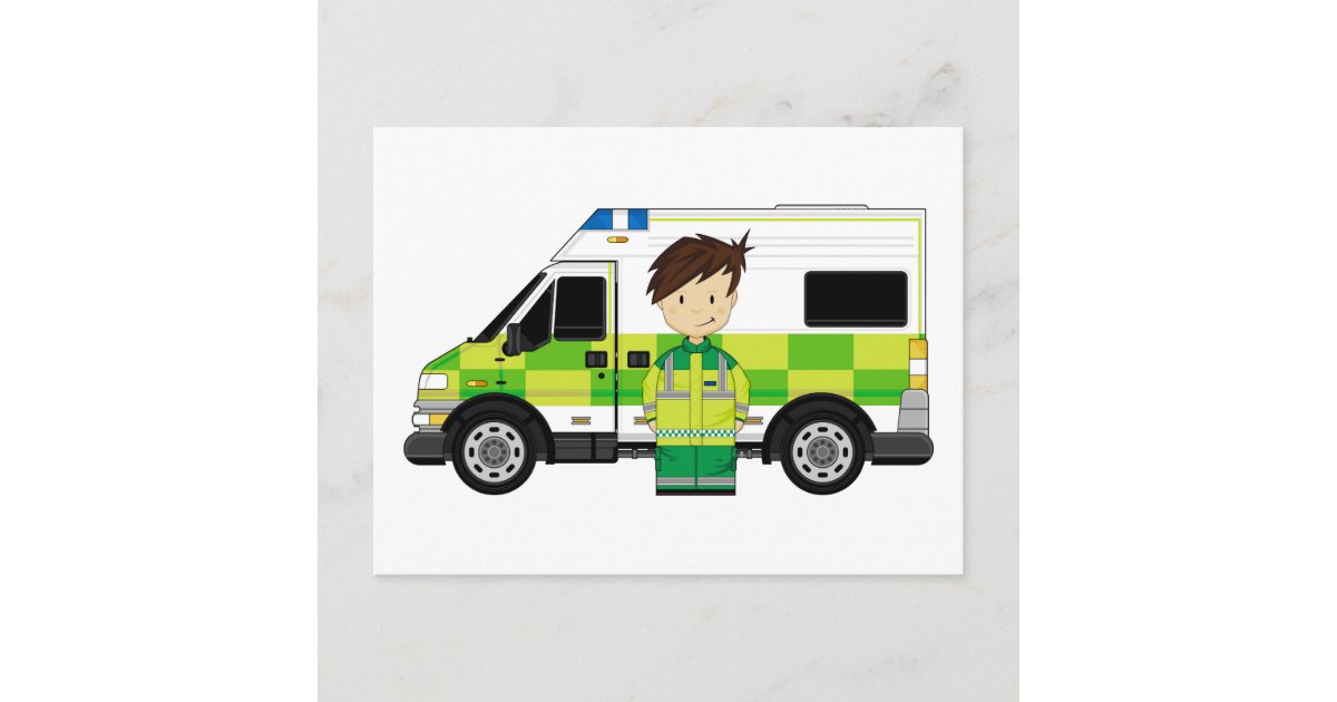 Cute Cartoon Ambulance and EMT Postcard | Zazzle