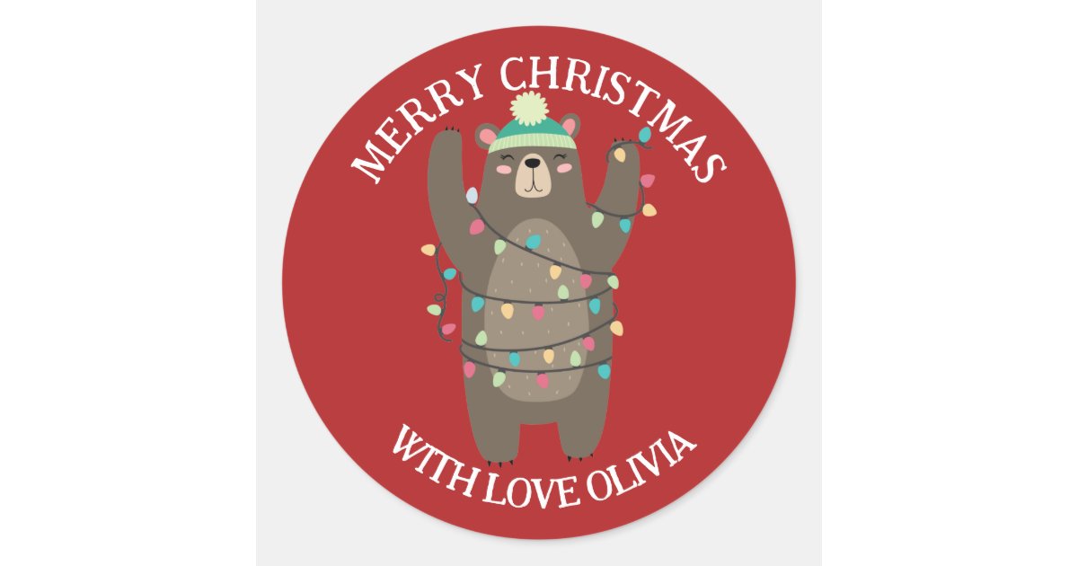 Cute Cartoon Bear Tangled Christmas Lights Classic Round Sticker | Zazzle