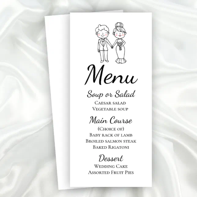 Cute Cartoon Bride Groom Black White Wedding Menu | Zazzle