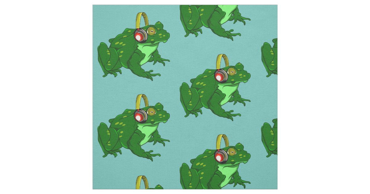 Cute Cartoon Bullfrog Wearing Headphones Fabric | Zazzle