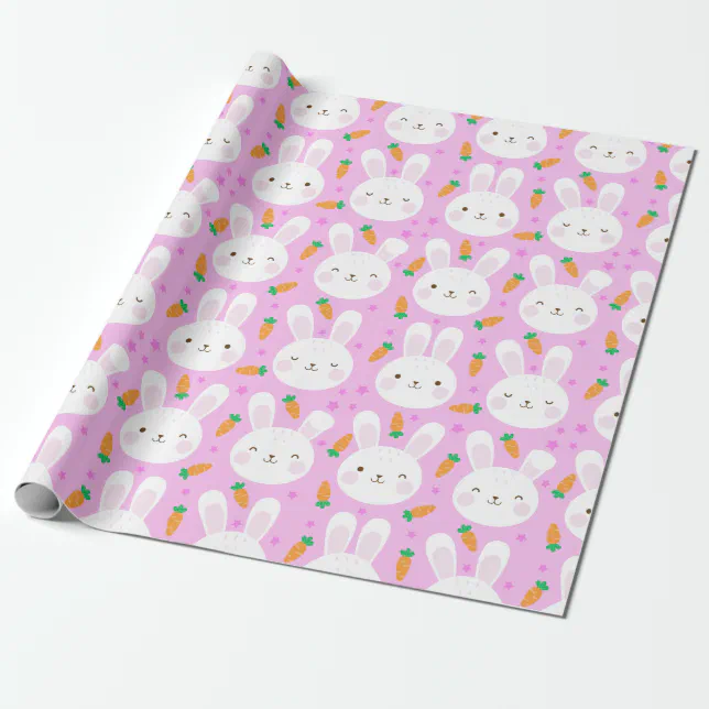 Cute cartoon bunnies and carrots on pink pattern wrapping paper | Zazzle
