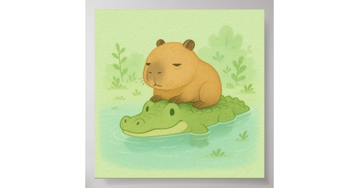Cute cartoon capybara on green crocodile poster | Zazzle
