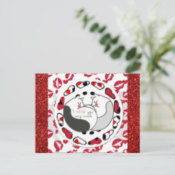 Cute Cartoon Cat Love Red Glitter Postcard | Zazzle