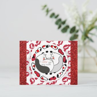 Cute Cartoon Cat Love Red Glitter Postcard | Zazzle