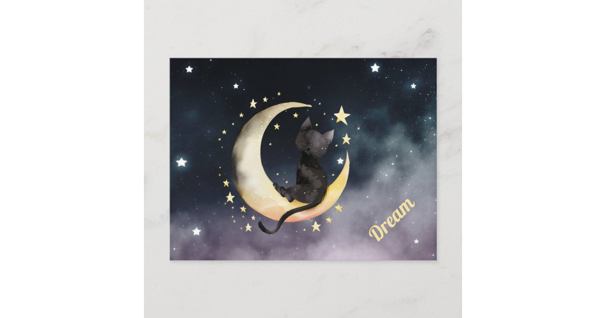 Cute Cartoon Cat on Moon Postcard | Zazzle
