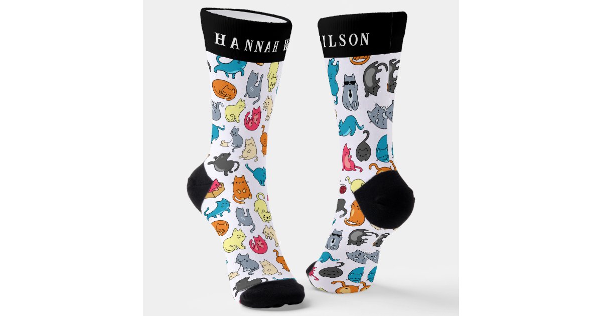 Cute Cartoon Cats Pattern | Monogram Socks | Zazzle