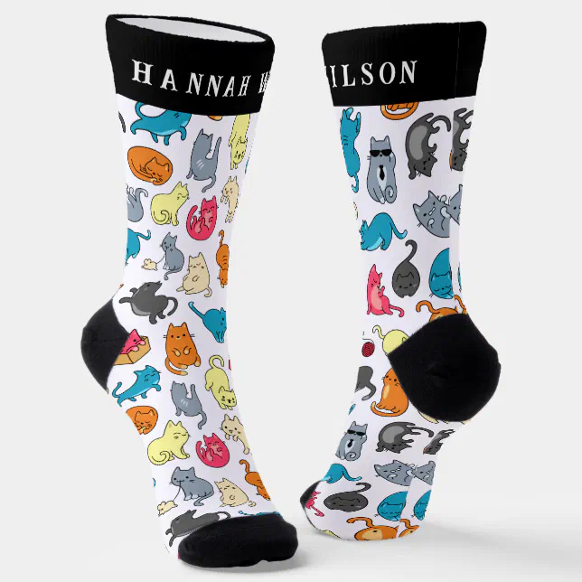 Cute Cartoon Cats Pattern | Monogram Socks | Zazzle